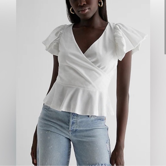 Express | Tops | New Express Womens White Wrap Style Puff Sleeve Peplum ...